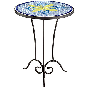 Teal Island Designs Flower Rustic Black Metal Round Outdoor Accent Side Table 17 1/2" Wide Blue Yellow Mosaic Tile Tabletop Gracefully Curved Legs for Spaces Porch Patio Home House Balcony Deck