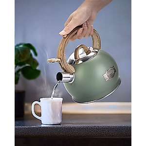 Hauce Radio Tea Kettle Stovetop, 2.1 Quart Stove Top Whistling Tea Kettle, Teapot Kettles with Food Grade Stainless Steel and Wood Pattern Folding Handle, Suitable for All Heat Sources