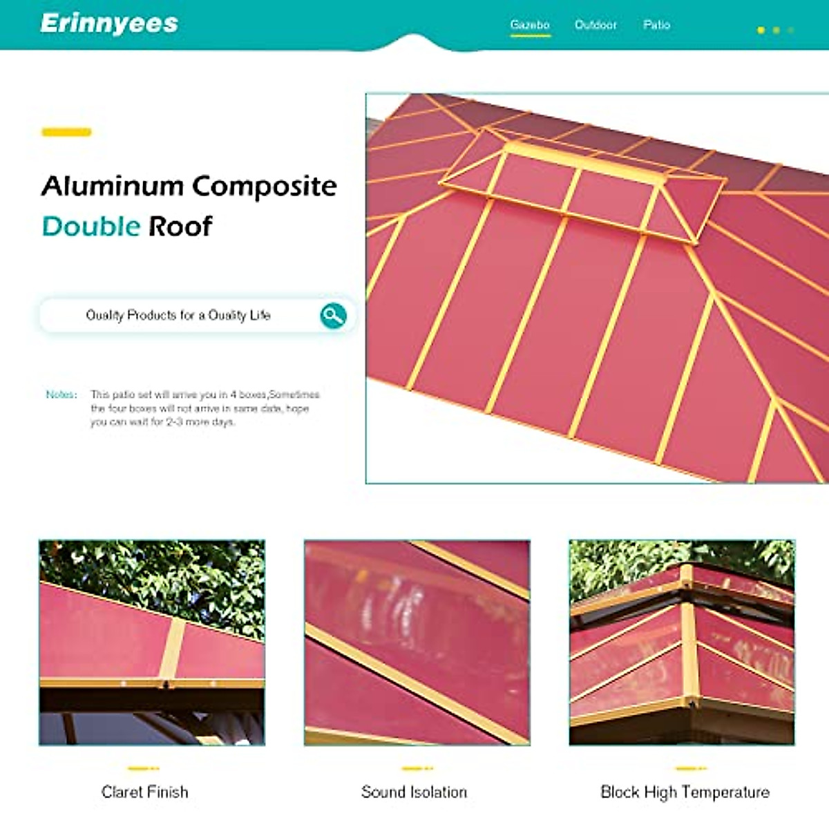 Erinnyees 12' x 16' Wood Grain Hardtop Gazebo, Outdoor Aluminum Composite Double Roof with Privacy Curtain and Mosquito Net for Patio, Lawn, Garden, Deck(Wood Looking, Wine Red)