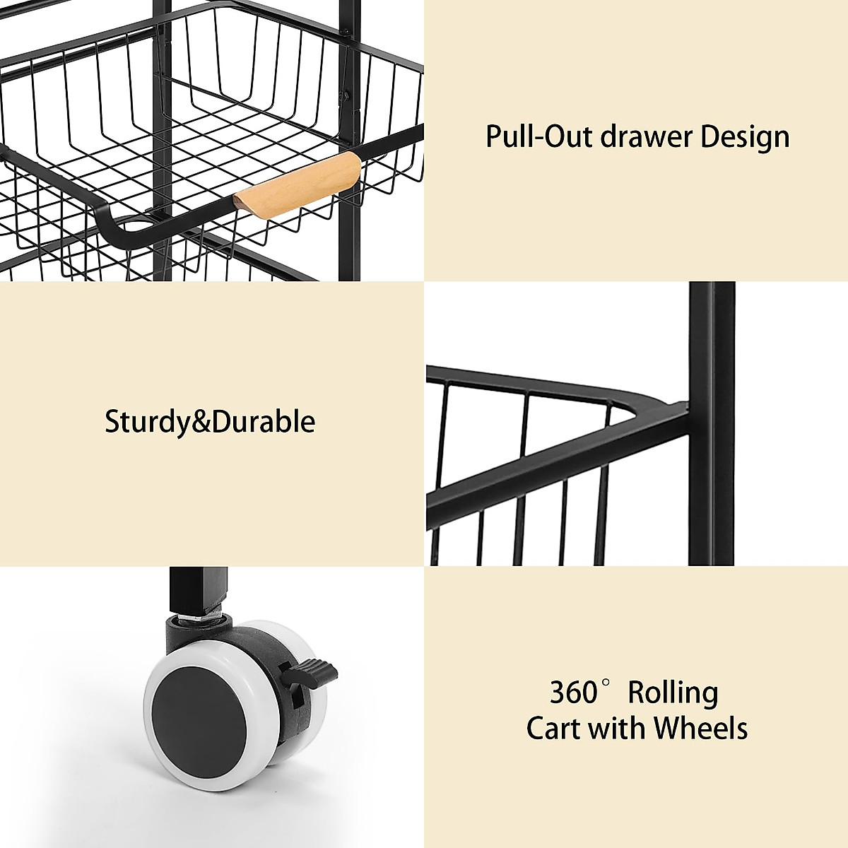 HEOMU 4 Tier Rolling Kitchen Storage Cart, Metal Snack Cart with Wheels, Kitchen Cart with Drawers for Kitchen, Bathroom, Living Room, Bar, Office, Black