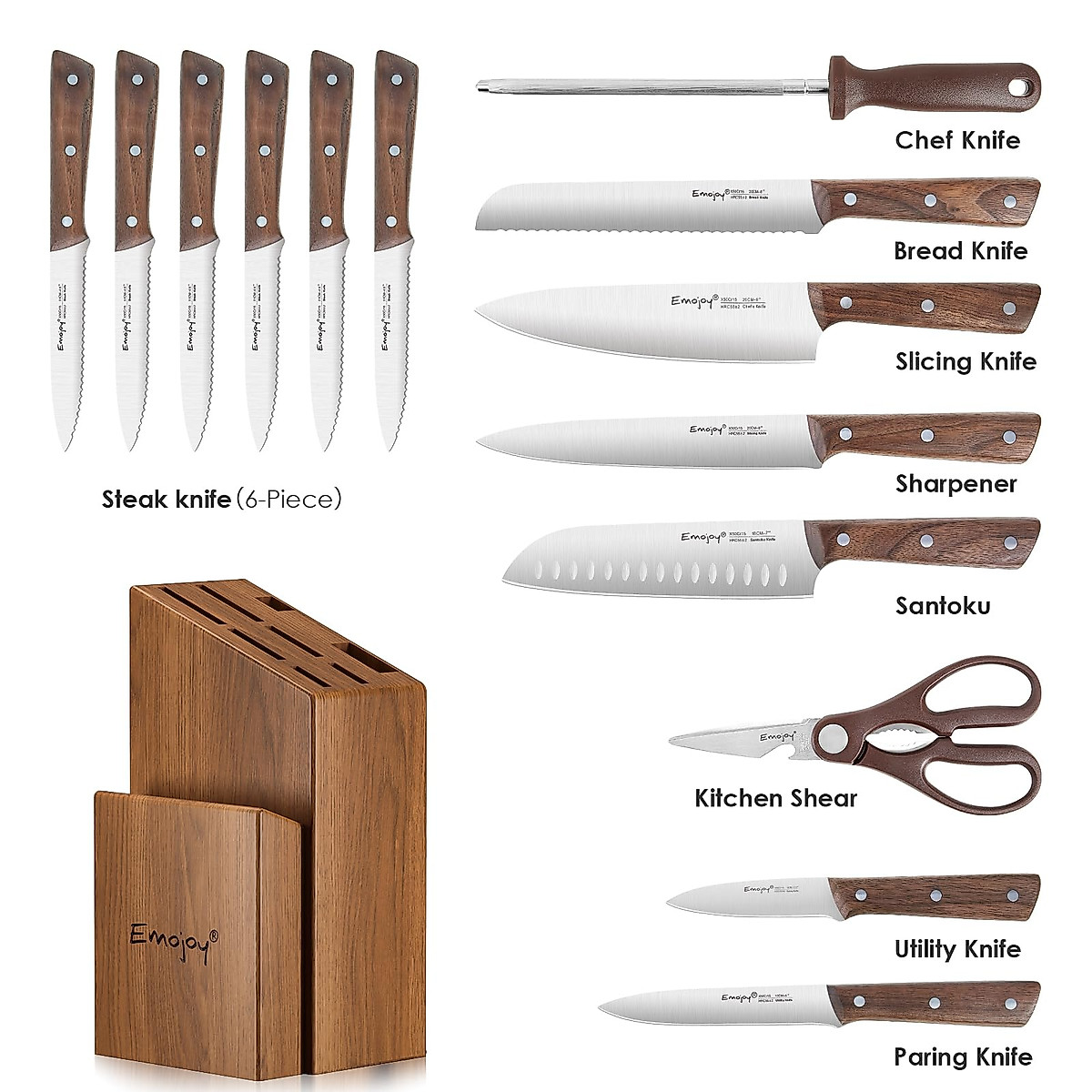 emojoy 15pcs Kitchen Knife Set, Kitchen Knife Set with Block, High Carbon Stainless Steel Knives with Wooden Handle Brown