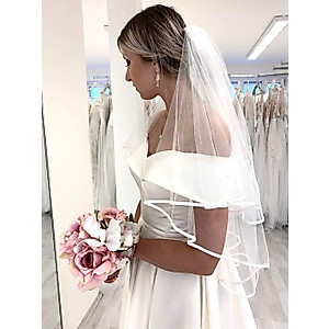Unsutuo Wedding Veil Satin Trim 2 Tier Ivory Short Bridal Veil Fingertip Length with Ribbon Edge for Brides (Ivory)