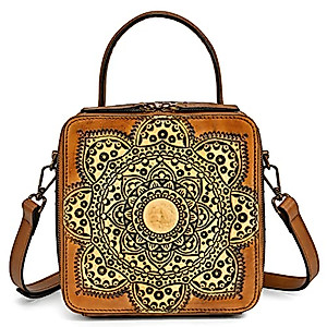 Oludel Women Genuine Leather Handbags, Organizer Leather Lady Satchel Vintage Embossing Totem Crossbody Shoulder Bag (Brown)