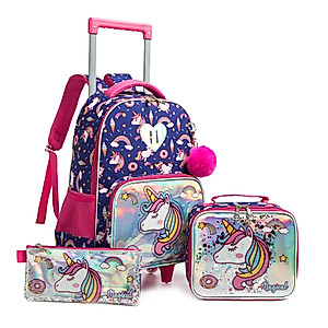 MOHCO Rolling Backpack for Kids Wheeled Backpack for Girls with Lunch Bag Pencil Case