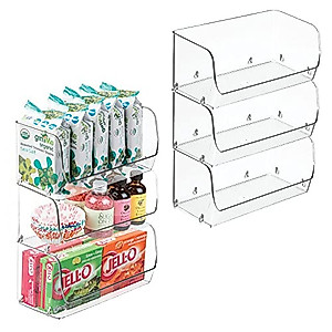 mDesign Small Stackable Plastic Food Storage Organizer Bin with Open Front for Refrigerator, Freezer, Cupboard, Cabinet, and Pantry Shelf Organization - 7" Wide - Ligne Collection - 6 Pack - Clear