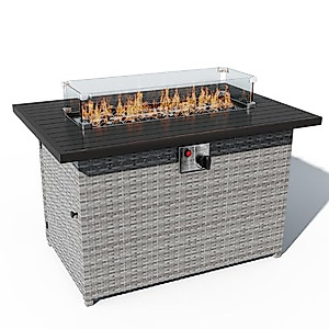 EAGLE PEAK 42 Inch Outdoor Propane Gas Fire Pit Table, 50,000 BTU Auto-Ignition Rectangular Gas Fire Pit with Glass Wind Guard, Gray PE Rattan
