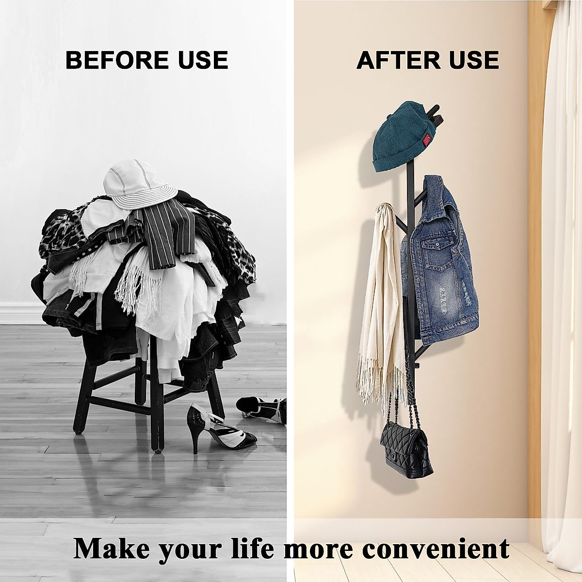 Sinytar Black Coat Rack Wall Mount Set of 2, Hat Rack for Wall, Modern Design Floating Coat Rack, Coat Tree for Clothes, Scarves, Bags, Caps, Metal Vertical Hooks for Living Room, Bedroom, Entryway