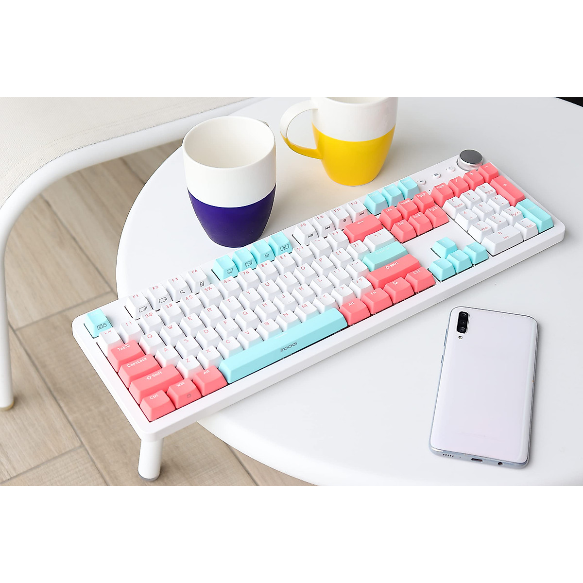 i-rocks K73M Mechanical Gaming Keyboard with Media Control Knob, 107 Keys, PBT Keycaps, Multimedia Hotkeys, Detachable USB-C Cable (Cherry MX Brown Switches, Mint Peach)