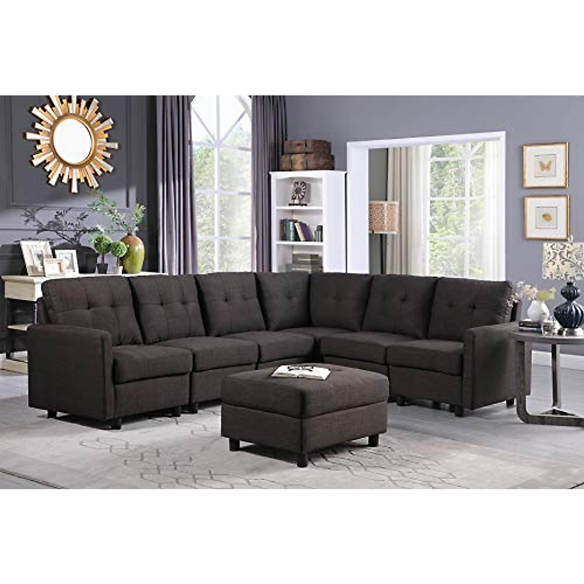 7 Pieces Modular Sectional Sofa, Indoor Convertible Furniture Fabric Upholstered Couch with Ottoman for Living Room