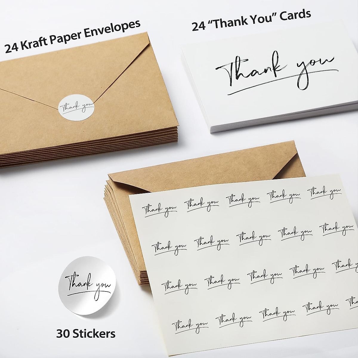 InstaDecor 24 Packs Thank You Cards with Envelopes and Stickers, White Thank You Notes Bulk Set for Small Business, Wedding, Bridal Shower, Christmas and Graduations, 3.5x5 Inch
