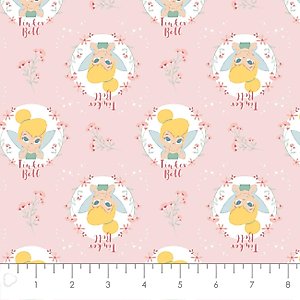 Disney Fabric Tinkerbell Fabric Floral Badges in Pink Flannel Fabric by The Yard