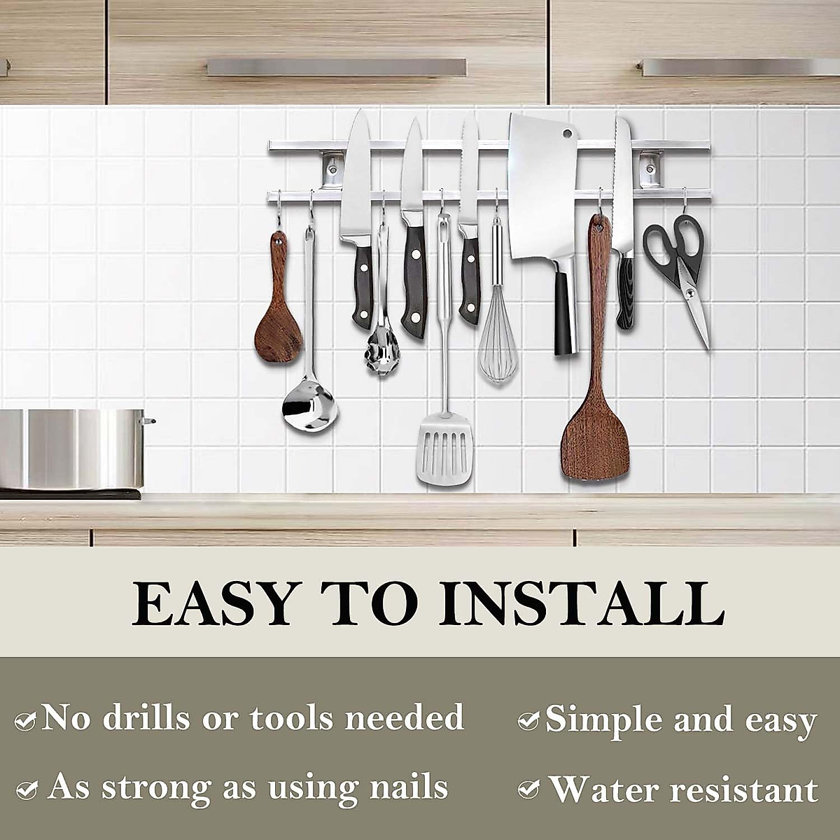 YIIYIIN 18 Inch Magnetic Knife Holder with Hooks - Magnetic Kitchen Knife Bar - Magnetic Knife Strips - Magnetic Utensil Holder - Kitchen Utensil Hanger - Kitchen Organizer