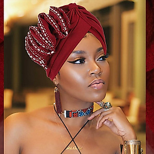 Urieo African Women Turban Cap Crystal Beanie Head Wrap Ruffle Headwrap Hat Pack of 2