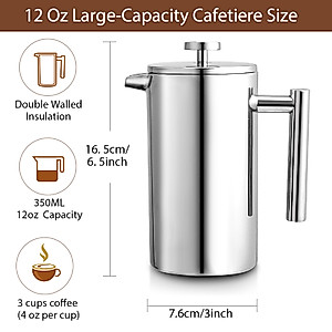 12oz French Press Coffee Maker, 350ml Stainless Steel Double Insulated Cafetiere 3 Cup Espresso Coffee Press, Portable Coffee Plunger Pot for Home, Office, Camping