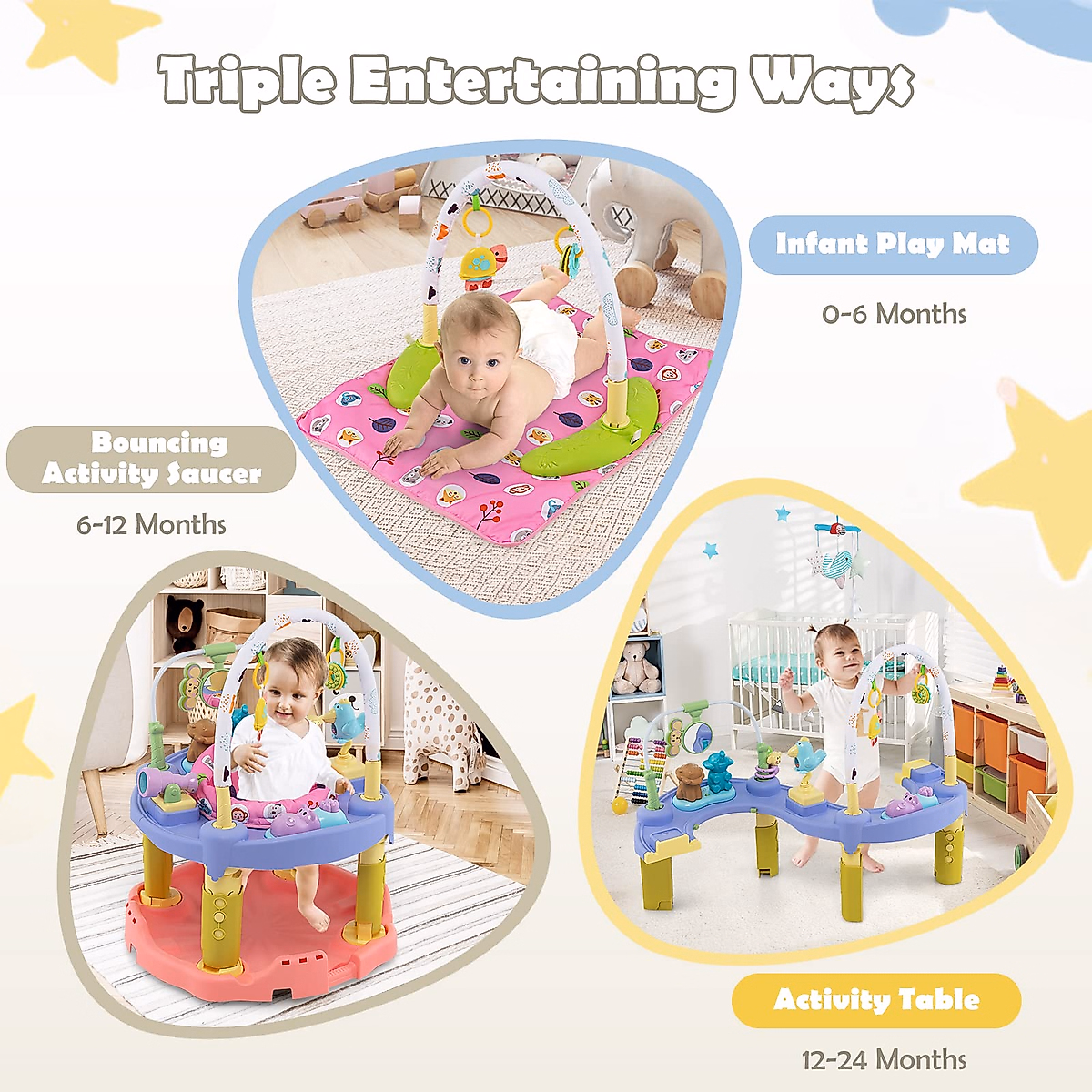 HONEY JOY Baby Bouncer Activity Center, 3-Stage Bouncing Activity Saucer & Playtime Mat & Activity Table, Toy-Bar, 3 Adjustable Heights, Foldable Exersaucer for Infants & Toddlers(Pink)