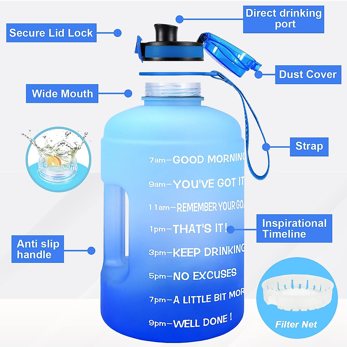 BuildLife Gallon Water Bottles with Times to Drink - Gallon Water Jug - 1 Gallon Water Bottle–128 oz Water Bottle,One Gallon Water Bottle with Time Marke for Gym(Blue)