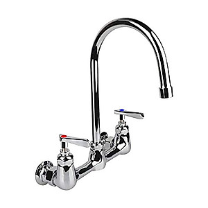 KWODE Wall Mount Faucet 8 Inch Center Commercial Kitchen Sink Faucet with 6" Gooseneck Swivel Spout 2 Handles Control Brass Contructed Chrome Finish