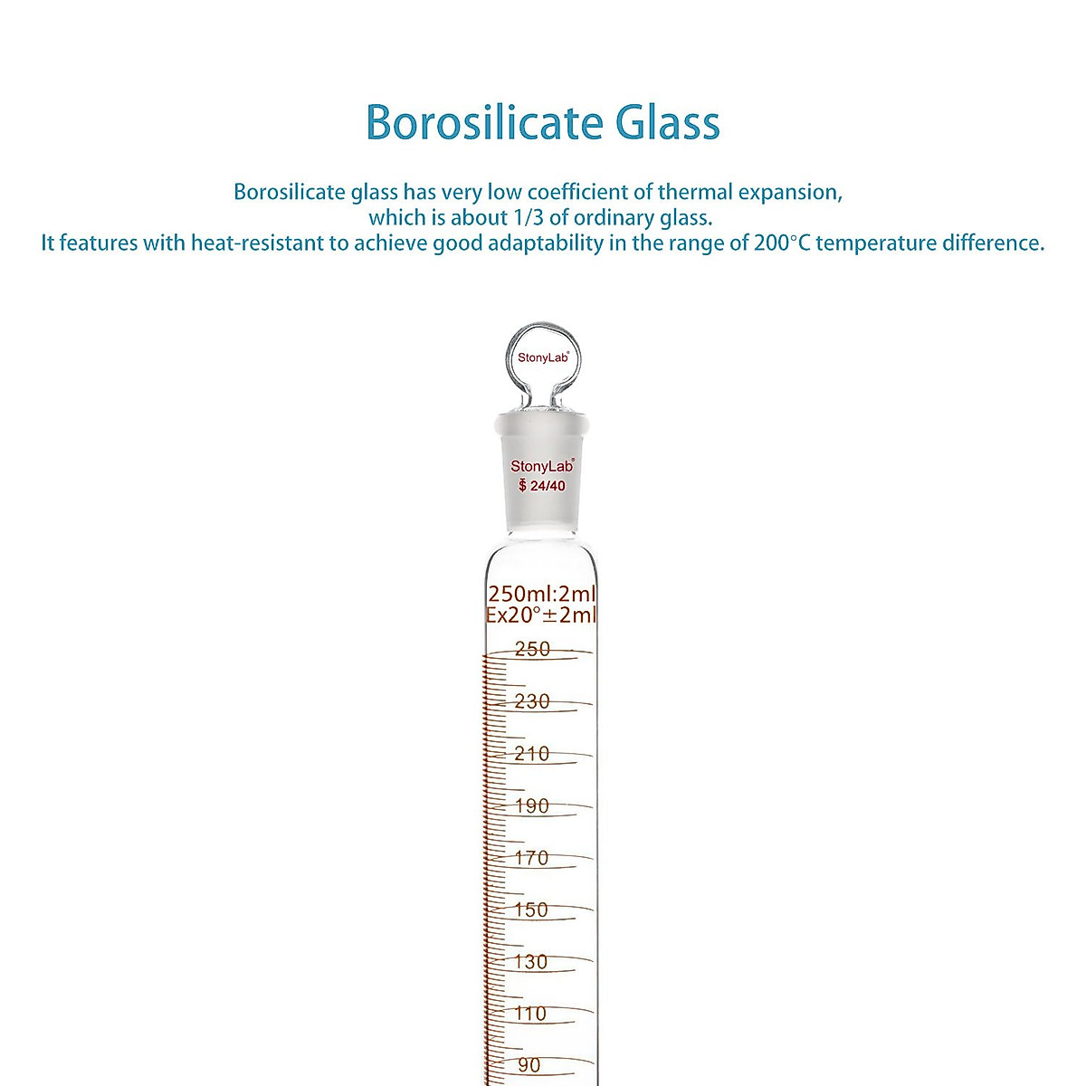 stonylab Measuring Cylinder with Stopper, 250 ml Heavy Wall Borosilicate Glass Measuring Graduated Cylinder with 24/40 Standard Ground Joint and Flat Head Stopper, 1 Pack