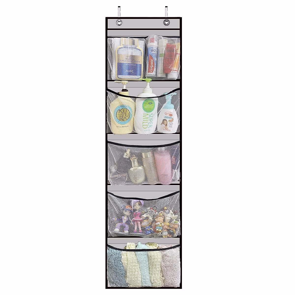 Jremreo Over The Door Organizer with 5 Large Pockets, Hanging Storage Shelves, Behind The Door/Wall/Nursery Closet Door Organizer for Bedroom Bathroom with 2 Metal Hooks