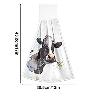Oarencol Vintage Cow Daisy Flower Kitchen Hand Towel Farm Animal Absorbent Hanging Tie Towels with Loop for Bathroom 2 Pcs