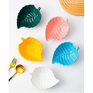 WAIT FLY Creative Leaves Shaped Ceramic Appetizer Plates, Dessert Bowls, Candy Bowls, Salad Bowls, Small Baking Dishes-Set of 2-Green-8 OZ