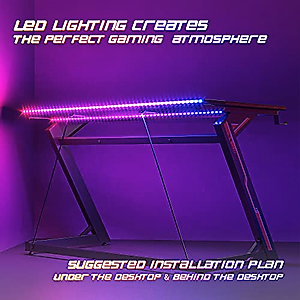 FEZIBO Gaming Desk 40 inch with LED Lighting, PC Computer Desk Gaming Table Z Shaped Gamer Workstation with Wire Mesh, Black
