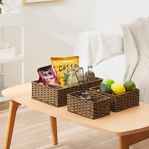 FairyHaus Handmade Wicker Storage Basket 3Pack, Recyclable & Renewable Paper Rope Small Wicker Baskets for Storage, Brown Woven Baskets Set for Organizing Rectangle