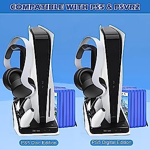 PS5 Cooling Station with RGB LED for Playstation 5 Console, Grathia Dual Fast PS5 Controller Charging Station with Cooling Fan, PS5 Controller Charging Doking Station with 12 Games & Headset Holder