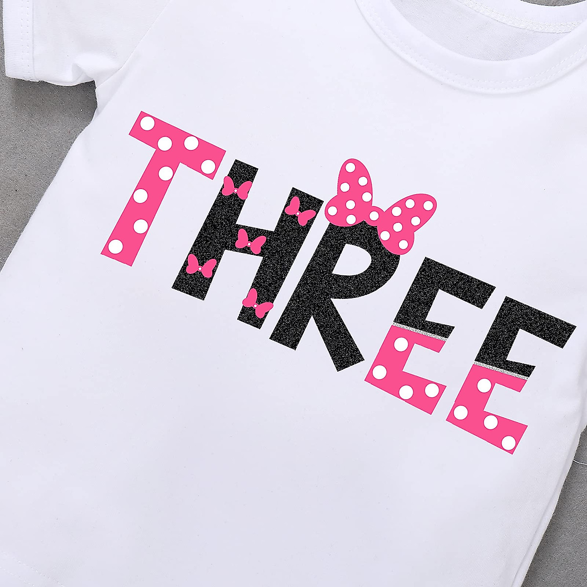 Mouse 3rd Birthday Outfit Baby Girl Short Sleeve T-Shirt Top Polka Dots Mini Tutu Skirt Headband 3 Years Old Cake Smash Photo Props I'm Three Toddler Third Birthday Party Supply Hot Pink + Black 3T