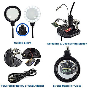 MMOBIEL LED Light Helping Hand Magnifier Station for Soldering, Assembly, Repair,Modeling, Hobbies and Crafts - 2.5X /4X LED Light - Hands-Free Magnifying Glass Stand - Incl. Clamp and Alligator Clips