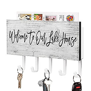 godblessign Welcome to Our Lake House Key Holder for Wall, Lake House Mail Holder and Key Rack for Entryway, Farmhouse Home Decor Key Hooks, Rustic Key Hangers with 5 Hooks