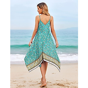 Chigant Women Summer Spaghetti Strap Floral Asymmetrical Irregular Hem Casual Long Dresses Green M