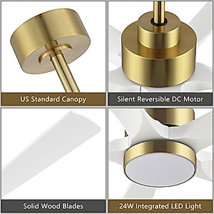 ELEHINSER 60" Modern Ceiling Fan with Lights and Remote Control, 5 Solid Wood Blades 6-Speed Noiseless Reversible DC Motor, Ceiling Fan for Bedroom Dinning Living Room, Gold Finish with White Blade