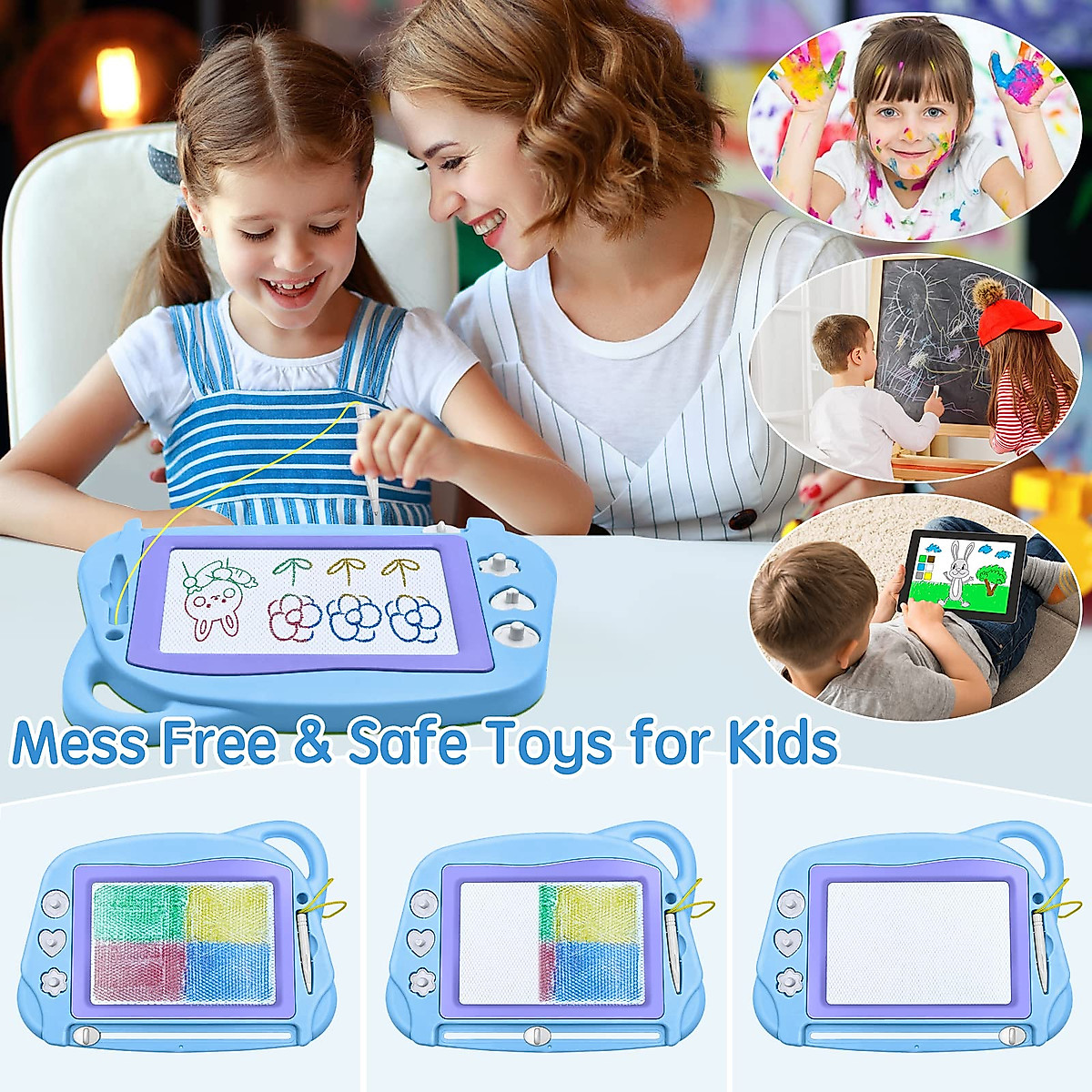 AiTuiTui Magnetic Drawing Board Mini Travel Doodle, Erasable Writing Sketch Colorful Pad Area Educational Learning Toy for Kid/Toddlers/Babies with 3 Stamps and 1 Pen (Sky Blue)