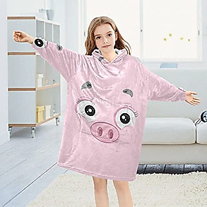 Kigai Happy Pig Wearable Blanket Hoodie,Double-Layer Flannel Soft Warm Sweatshirt Blanket for Men Women Kids