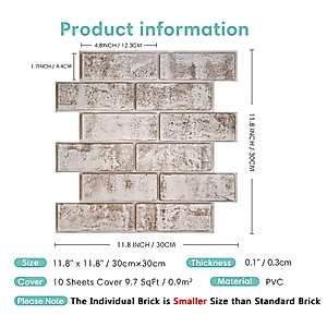 Commomy 10 Pcs 3D Faux Brick Wall Panels -11.8"X11.8" Small Size PVC Brick Peel and Stick Tiles Farmhouse DIY Self-Adhesive Wall Tile Faux Brick Paneling for Fireplace,Living Room,Bedroom,RV, Kitchen