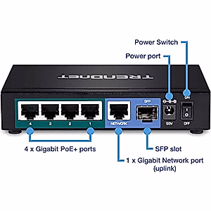 TRENDnet 6-port Gigabit Poe+ Switch, TPE-TG611, 4 X Gigabit Poe+ Ports, 1 X Gigabit Port, 1 X SFP Slot, Supports 100/1000Base-FX Fiber SFP Modules, Ethernet Desktop Network Switch, Lifetime Protection