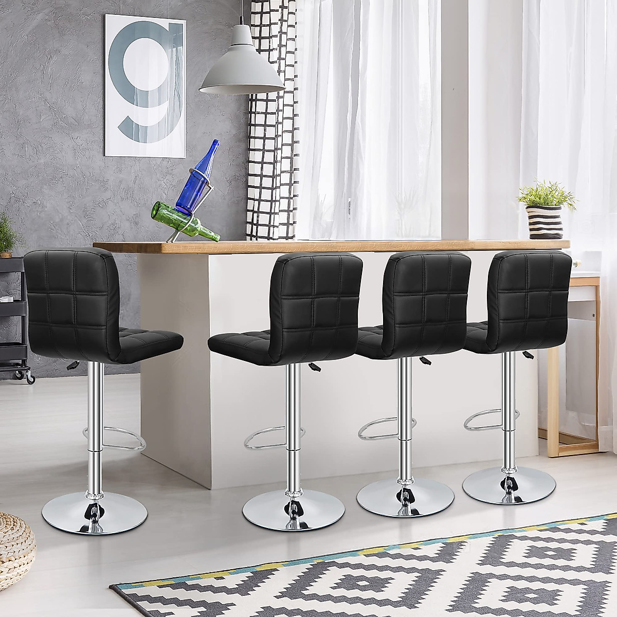 SUPER DEAL Set of 4 Bar Stools for Kitchen, Modern PU Leather Swivel Adjustable Counter Height Swivel Stool with Square Back (4, Black)