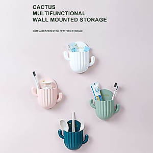 Gecau 4PC Cactus Shape Storage Box - Punch-Frees Cartoon Soap Holder - Wall Mounted Makeup Tool Container for Shower Toilet Bathroom Kitchen