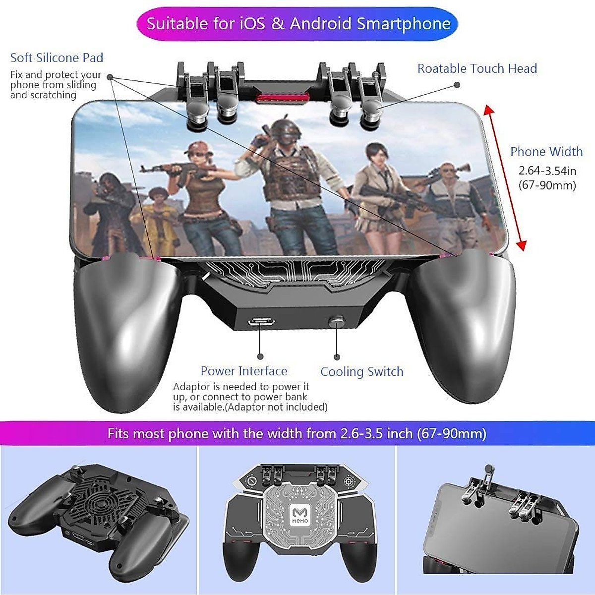 PUBG Mobile Controller Radiator Fast Cooling Phone Gamepad 4 Trigger 6 Finger Operation - L1R1/L2R2 for iPhone, Samsung, Oneplus, Pixel, compatible with CoD Warzone Mobile, Fortnite, Powered by USB C