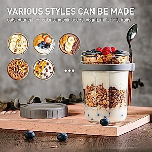4 Pack Overnight Oats Containers with Lids and Spoons, 12 oz Glass Mason Overnight Oats Jars, Airtight Oatmeal Container with Measurement Marks for Yogurt Milk Cereal Vegetable and Fruit Salad