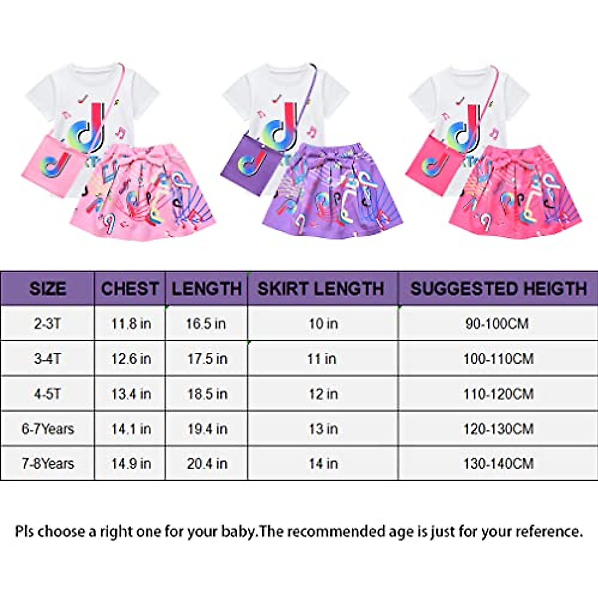 D.O.T 3pcs Tic Toc Girl Skirt Sets T Shirt Top Bowknot Skirt with Bag Outfits (Pink, 2-3T)