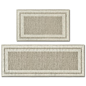 Artoid Mode Rubber Non-Slip Washable Absorbent Kitchen Rugs and Mats Set of 2, Kitchen Mats for Floor Kitchen Runner Hallway Laundry Room in Front of Sink Beige Grey - 17x29 and 17x47 Inch