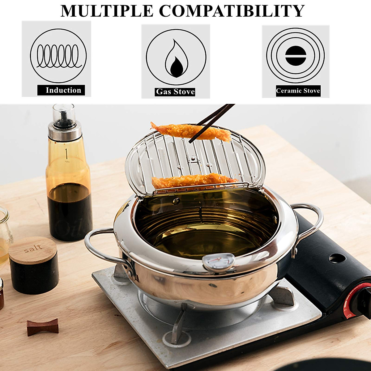 Yopay Deep Fryer Pot 304 Stainless Steel, 3.2L Frying Chicken Pot with Thermometer Control and Lid, Japanese Style Tempura Fryer Pot