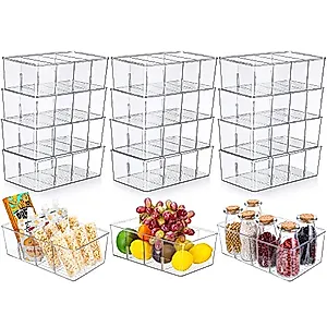 12 Pcs Food Storage Organizer Bins Acrylic Snack Organizer for Pantry Clear Bins with 3 Removable Dividers Refrigerator Organizer Bins Stackable Storage Bins Containers for Kitchen Fridge Cabinet