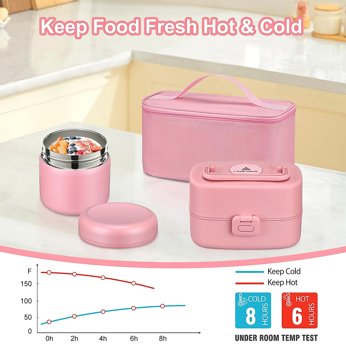 Pawtong Bento Lunch Box with 8oz Soup Thermo, Kids Sustainable Bento Box Leakproof Lunch Food Containers with Lunch Bag, Kids Thermo Insulated Hot Food Jar for School, Trvael (Pink)