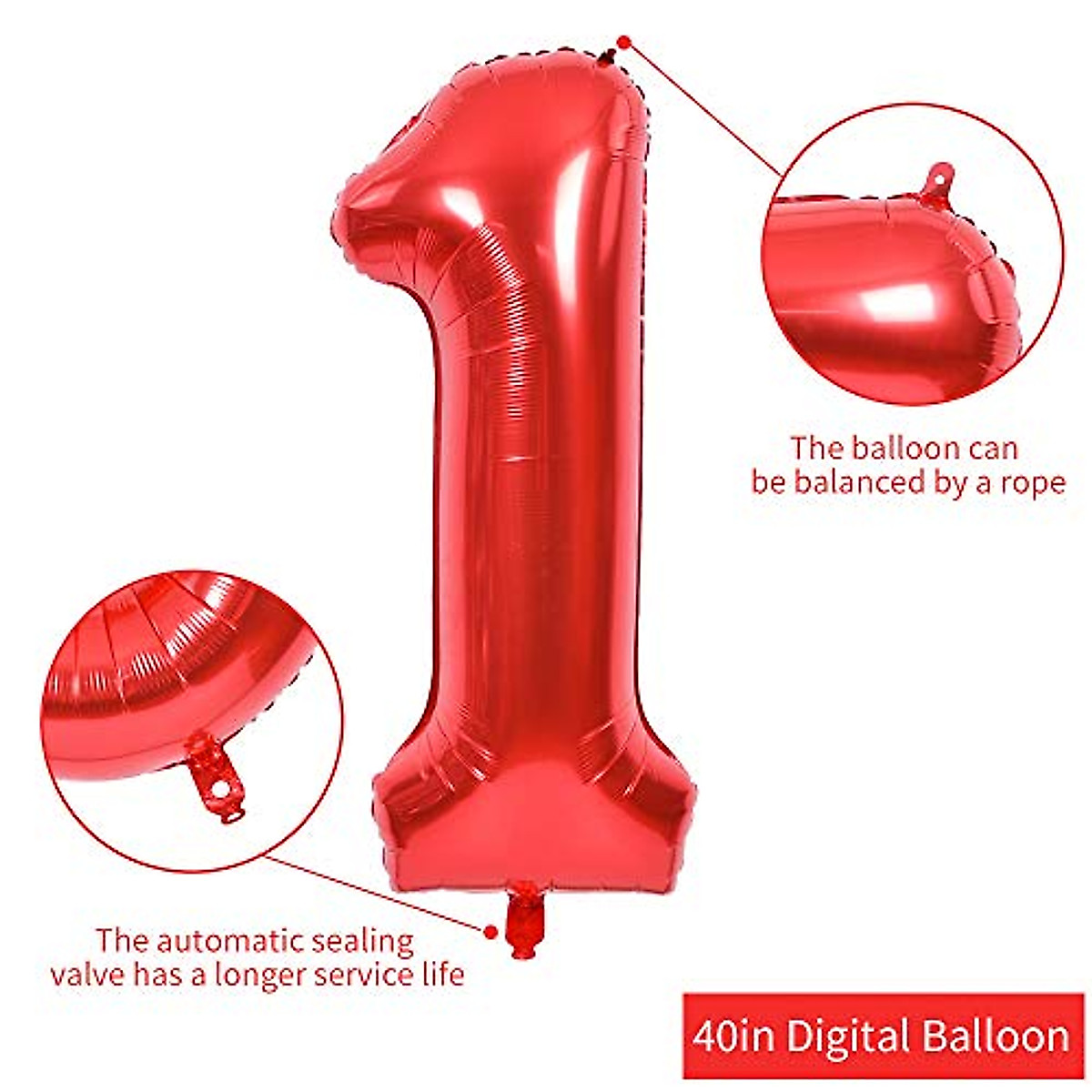 TONIFUL 40 Inch Red Large Numbers Balloons 0-9, Number 1 Digit 1 Helium Balloons, Foil Mylar Big Number Balloons for Birthday Party Anniversary Supplies Decorations