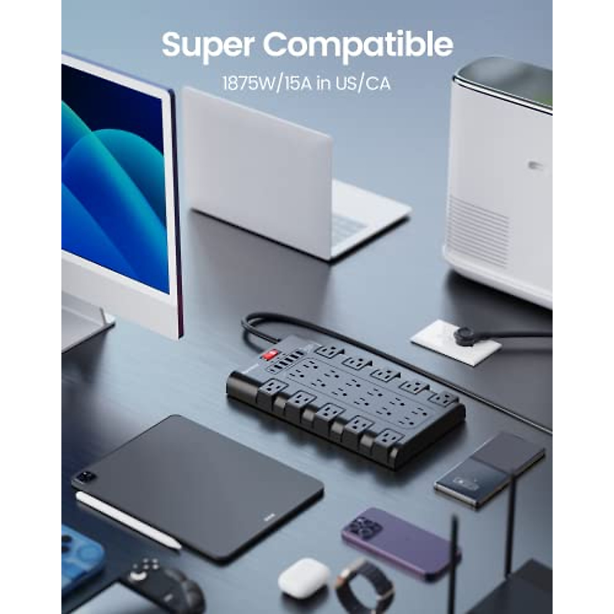 Power Strip, SUPERDANNY Surge Protector with 22 AC Outlets and 6 USB Charging Ports, 1875W/15A, 2100 Joules, 6.5Ft Flat Plug Heavy Duty Extension Cord for Home, Office, Dorm, Gaming Room, Black