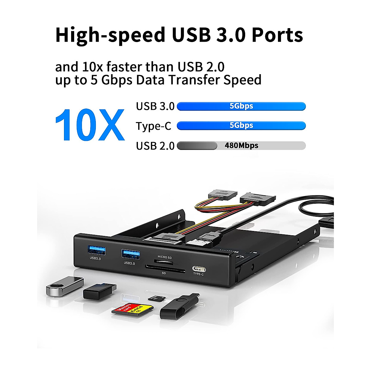BYEASY Front Panel USB 3.0 Hub, 5 Ports 3.5 Inches Internal Metal USB Hub with 2 USB 3.0 Ports, SD/TF Internal Card Reader and USB 3.1 Gen 1 Type C Port Fits Any 3.5" Floppy Disk Bay