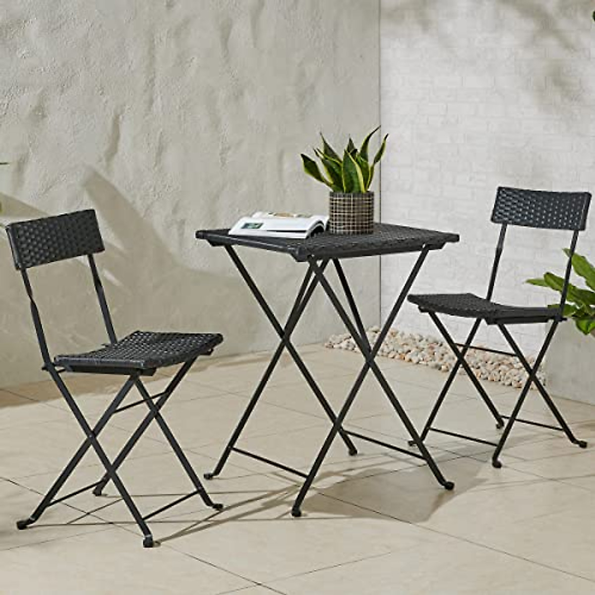 Lavish Home 80-OUTD BLK, Black Folding Patio Bistro Set – 3-Piece Rattan Wood and Steel Café Table and Chairs for Porch, Deck, Garden, or Balcony Furniture